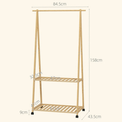 HOMCOM Bamboo Clothes Rail Rack with 2 Storage Shelves, Natural Wood Effect