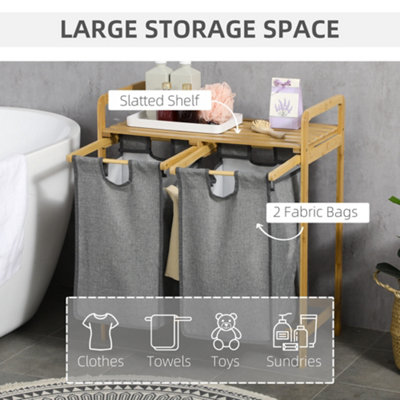 HOMCOM Bamboo Laundry Basket with Shelf Pull-out Bags for Bedroom ...