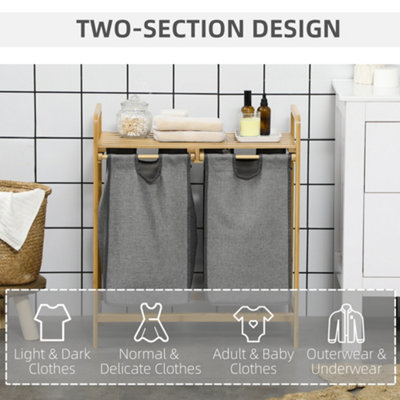 HOMCOM Bamboo Laundry Basket with Shelf Pull-out Bags for Bedroom ...