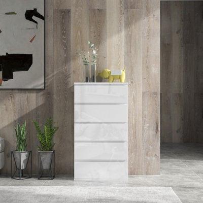 HOMCOM Bedroom Chest of Drawers, High Gloss 5 Drawers Dresser, Drawer Unit