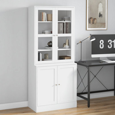 HOMCOM Bookcase with Glass Doors and Adjustable Shelves for Study, White