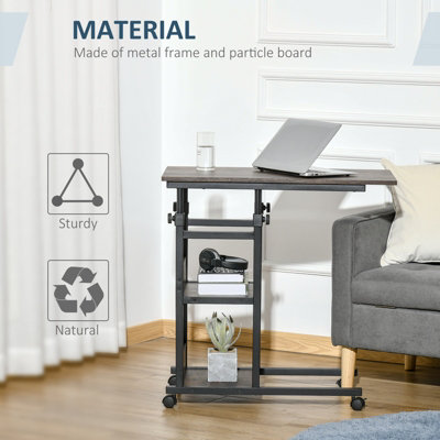 HOMCOM C Shaped Mobile Sofa Bed Side Table Adjust Height 3 Tier Cart w Brake