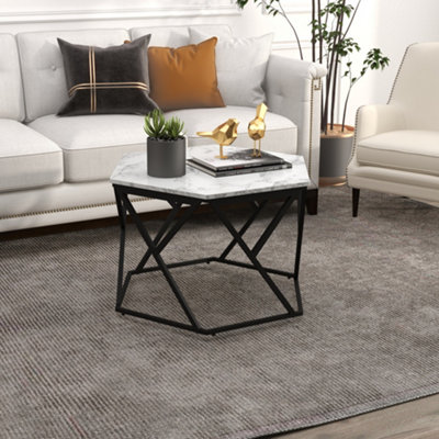 HOMCOM Coffee Table Cocktail Table with High Gloss Marble Top Steel ...