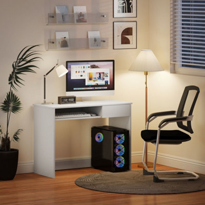 HOMCOM Compact Computer Table with Keyboard Tray and Drawer, White