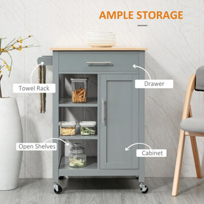 HOMCOM Compact Kitchen Trolley Utility Cart on Wheels with Open Shelf Grey