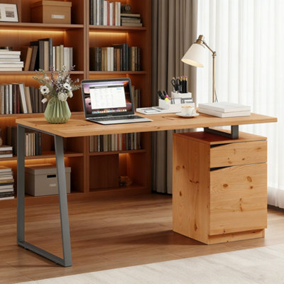 HOMCOM Computer Desk, Writing Table with Cabinet and Drawer, Natural