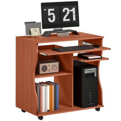 HOMCOM Computer Table Study Desk with Sliding Keyboard Tray, Cherry Wood