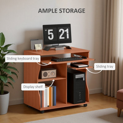 HOMCOM Computer Table Study Desk with Sliding Keyboard Tray, Cherry Wood