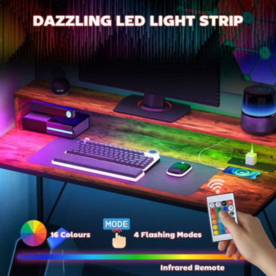 HOMCOM Computer Table with LED Lights, Gaming Desk with Shelf, Rustic Brown