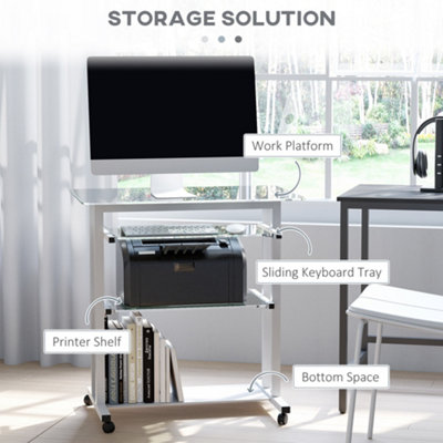HOMCOM Computer Workstation Laptop PC Desk Glass Table Stand w Wheels