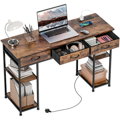 HOMCOM Computer Writing Desk with Power Outlets, Drawers, Shelves, Brown