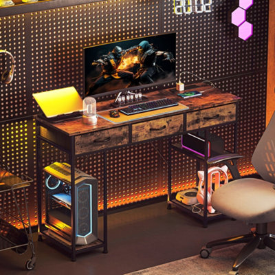 HOMCOM Computer Writing Desk with Power Outlets, Drawers, Shelves, Brown
