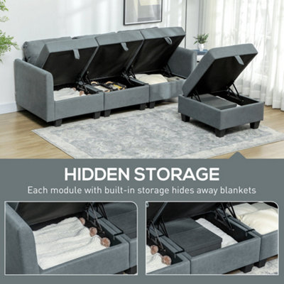 HOMCOM Convertible Modular Sectional Sofa w/ Storage Wood Frame Dark Grey