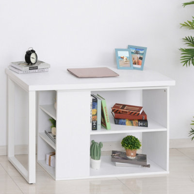 HOMCOM Corner Desk L Shaped Straight Table with Rotating Storage Shelf White