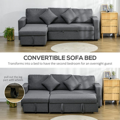 HOMCOM Corner Sofa Bed with Storage 3 Seater Pull Out Sofa Bed Dark Grey