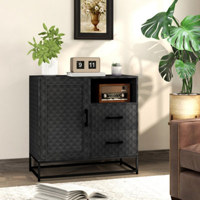 HOMCOM CUPBOARD WITH ADJUSTABLE SHELF, OPEN COMPARTMENT, 2 DRAWERS, BLACK