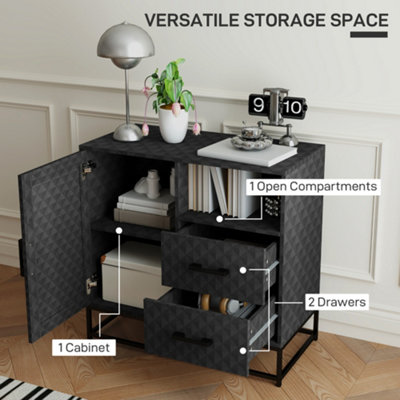 HOMCOM CUPBOARD WITH ADJUSTABLE SHELF, OPEN COMPARTMENT, 2 DRAWERS, BLACK