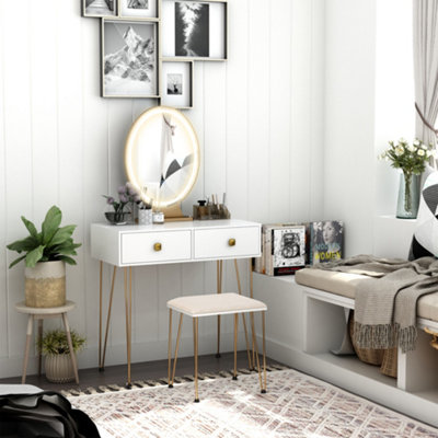 HOMCOM Dressing Table Set With LED Mirror & Stool 2 Drawers Makeup Desk