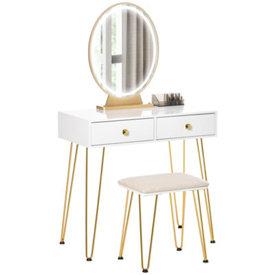 HOMCOM Dressing Table Set With LED Mirror & Stool 2 Drawers Makeup Desk