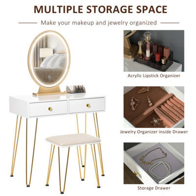 HOMCOM Dressing Table Set With LED Mirror & Stool 2 Drawers Makeup Desk