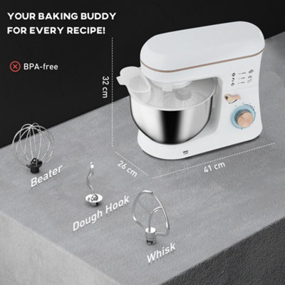 HOMCOM Electric Stand Mixer, 5L Food Mixer with Dough Hook, Whisk, White