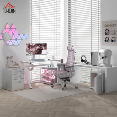 HOMCOM Ergonomic Gaming Desk with Hook Cup Holder LED Cable Management White