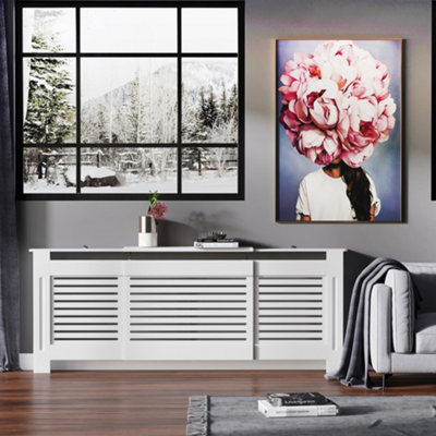 HOMCOM Extendable Radiator Cover Cabinet Slatted Design MDF White Home ...