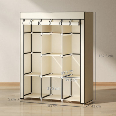 HOMCOM Fabric Portable Wardrobe with 8 Shelves 2 Hanging Rails, Cream White