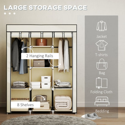 HOMCOM Fabric Portable Wardrobe with 8 Shelves 2 Hanging Rails, Cream White
