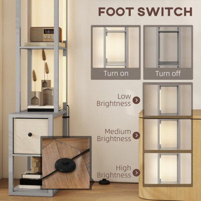 HOMCOM Floor Lamp with Shelves, LED Standing Lamp with Fabric Drawer, Grey