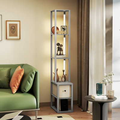 HOMCOM Floor Lamp with Shelves, LED Standing Lamp with Fabric Drawer, Grey