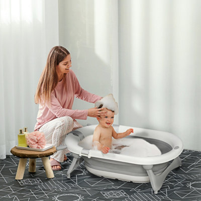 HOMCOM Foldable Baby Bath Tub Ergonomic with Temperature Induced Water Plug