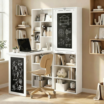 HOMCOM Folding Convertible Desk with Blackboard and Bookshelf, White
