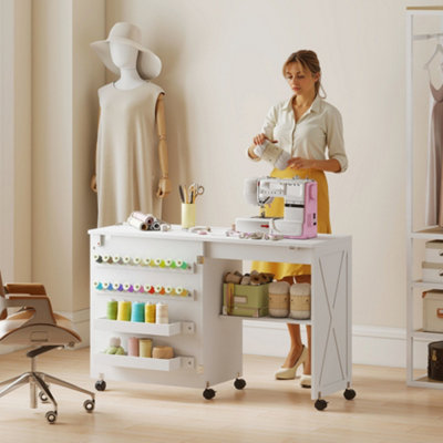 HOMCOM Folding Sewing Table, Craft Table with Storage compartments, White