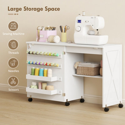 HOMCOM Folding Sewing Table, Craft Table with Storage compartments, White