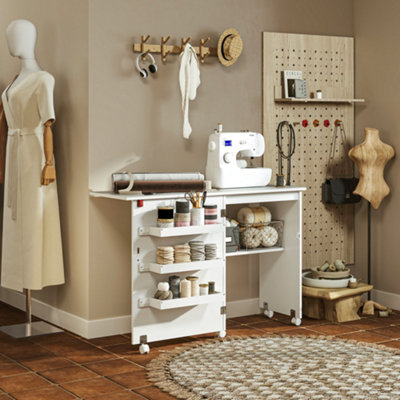 HOMCOM Folding Sewing Table Rolling Craft Table with Drop Leaf Wheels White