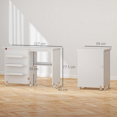 HOMCOM Folding Sewing Table Rolling Craft Table with Drop Leaf Wheels White