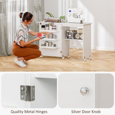 HOMCOM Folding Sewing Table Rolling Craft Table with Drop Leaf Wheels White