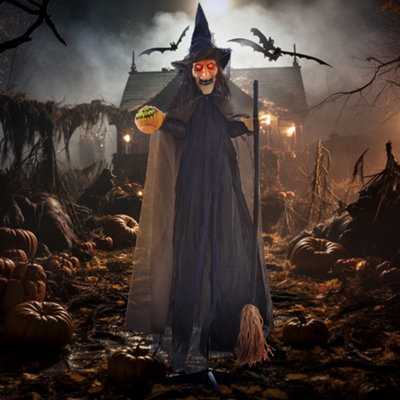 HOMCOM Halloween Witch with Broomstick Animatronic Prop with Light Up Eyes