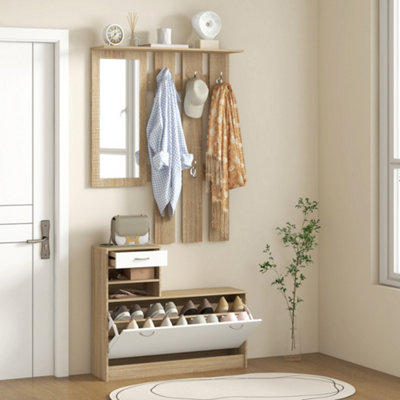 HOMCOM Hallway Furniture Set with Shoe Cabinet, Coat Rack and Mirror