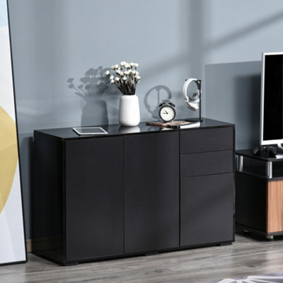 HOMCOM High Gloss Frame Side Cabinet with 2 Door and 2 Drawer, Black