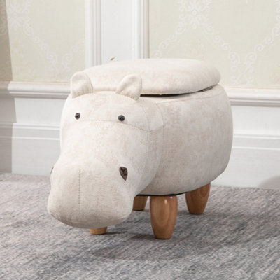 HOMCOM Hippo Storage Stool Cute Decoration Footrest Wood Frame Legs Cream