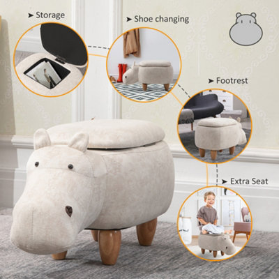 HOMCOM Hippo Storage Stool Cute Decoration Footrest Wood Frame Legs Cream