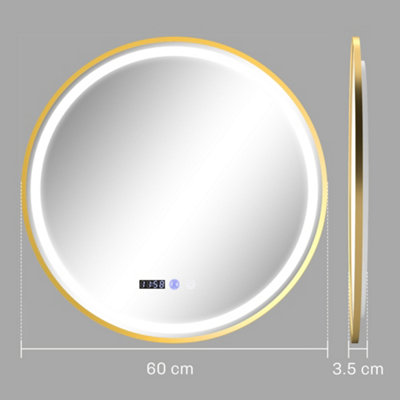 HOMCOM Illuminated Bathroom LED Mirror 60cm Round Wall Mounted Mirror Gold