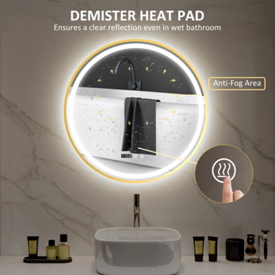 HOMCOM Illuminated Bathroom LED Mirror 60cm Round Wall Mounted Mirror Gold