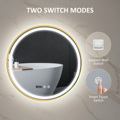 HOMCOM Illuminated Bathroom LED Mirror 60cm Round Wall Mounted Mirror Gold