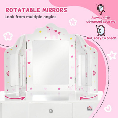 HOMCOM Kids Vanity Table & Stool Girls Dressing Set w/ Rotatable Mirror ...