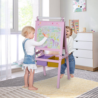 HOMCOM Kids Wooden Art Easel with Paper Roll Double Sided Chalkboard Whiteboard