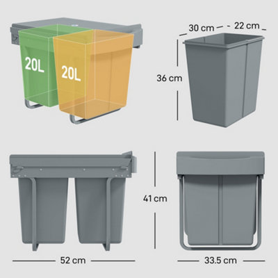 HOMCOM Kitchen Cupboard Bin with 40L Dual Compartment, Pull Out Bin, Grey