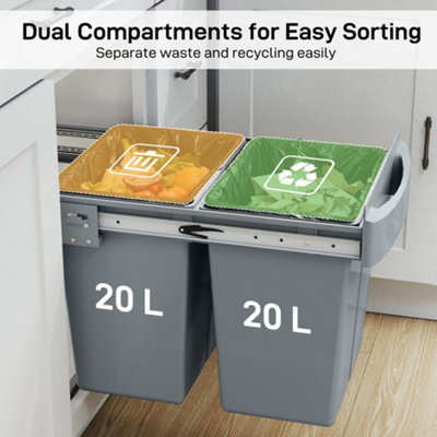 HOMCOM Kitchen Cupboard Bin with 40L Dual Compartment, Pull Out Bin, Grey